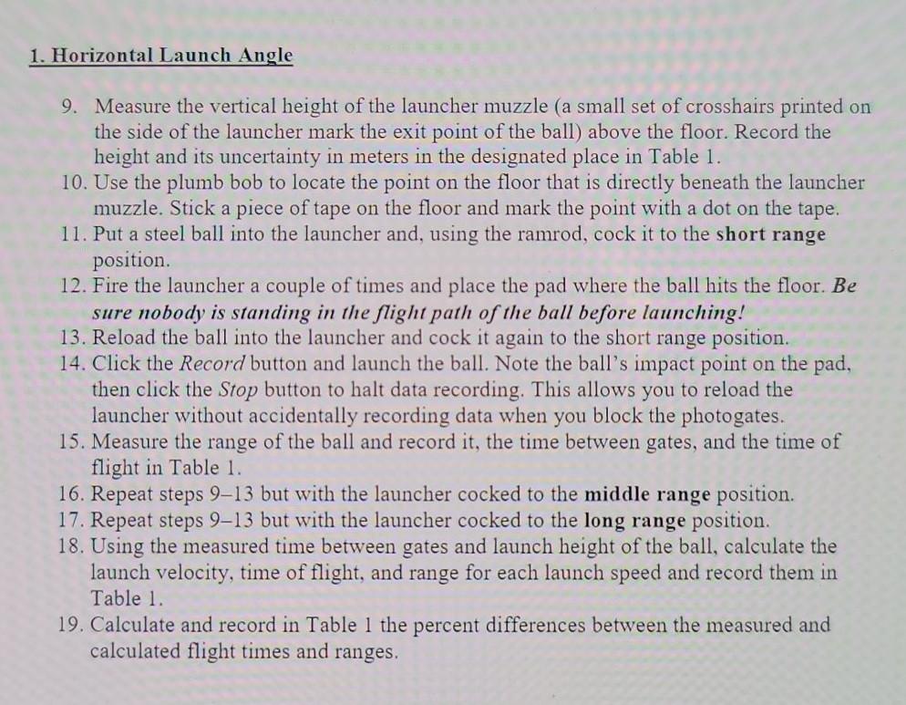 Solved 1. Horizontal Launch Angle 9. Measure the vertical | Chegg.com