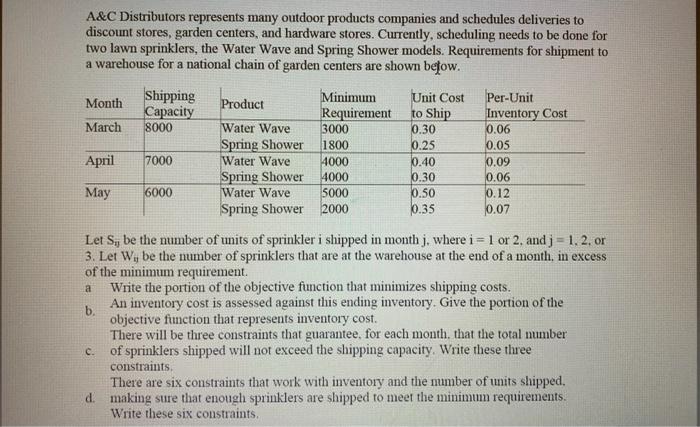 Solved A&C Distributors represents many outdoor products | Chegg.com