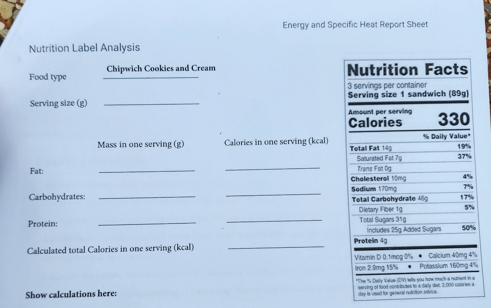Solved Energy and Specific Heat Report SheetNutrition Label | Chegg.com