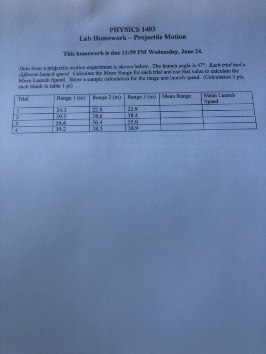 Solved PHYSICS 1403 Lab Homework - Projectile Motion This | Chegg.com