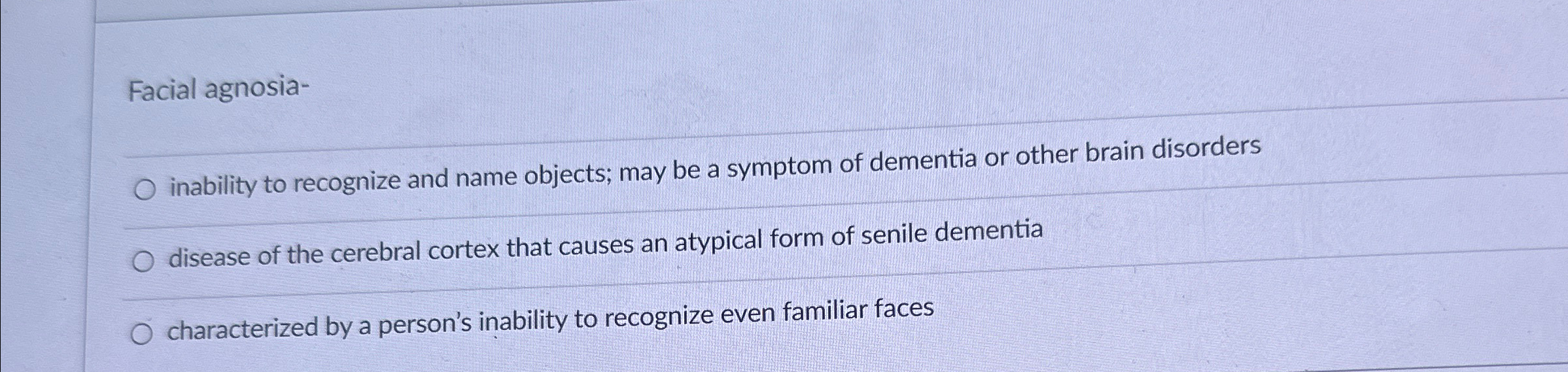 Solved Facial agnosia- ﻿inability to recognize and name | Chegg.com