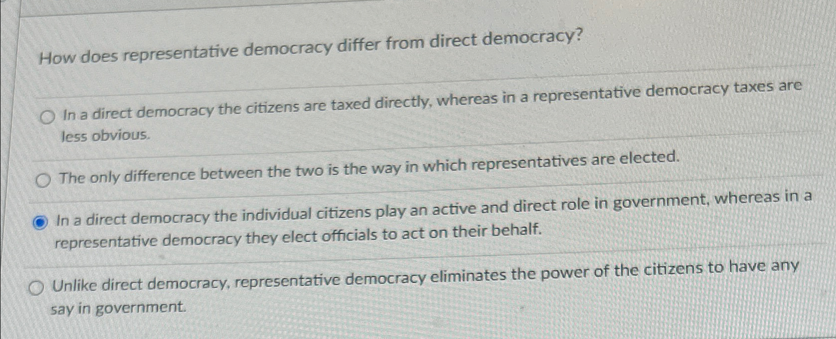 Solved How does representative democracy differ from direct | Chegg.com