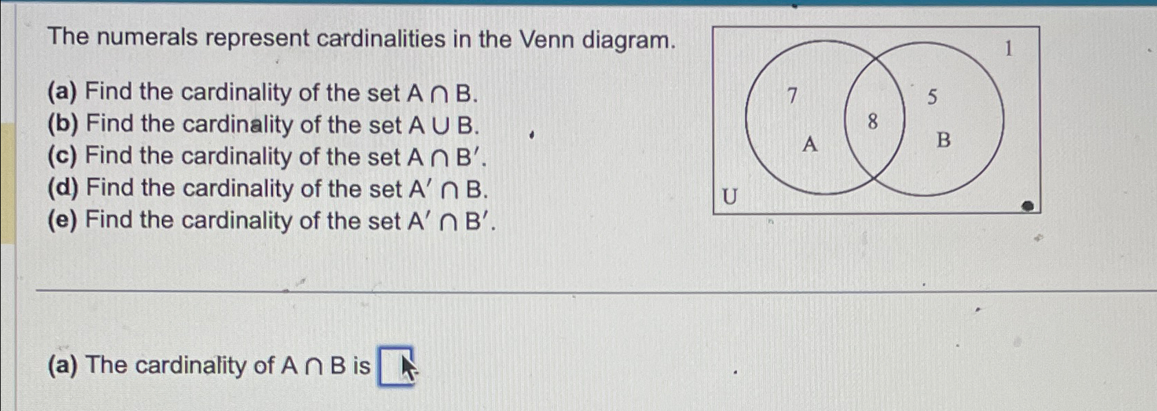 Solved The numerals represent cardinalities in the Venn | Chegg.com