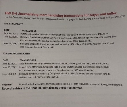 Solved HW 8-4 ﻿Journalizing merchandising transactions for | Chegg.com
