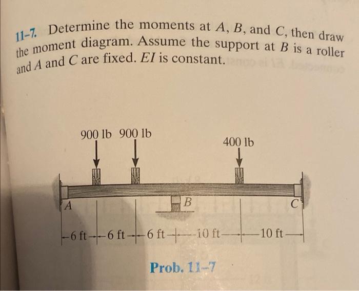 Solved 11-7. Determine the moments at A,B, and C, then draw | Chegg.com