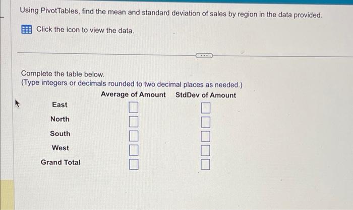 Solved Using PivotTables, find the mean and standard | Chegg.com
