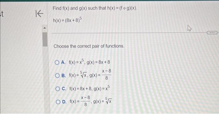 Solved Find f(x) and g(x) such that h(x)=(f∘g)(x). | Chegg.com