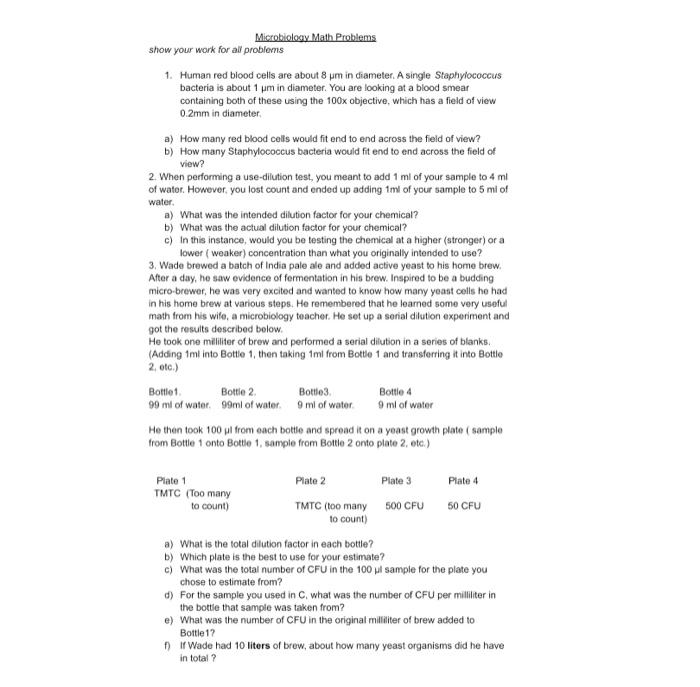 Solved Microbiology Math Problems show your work for all | Chegg.com