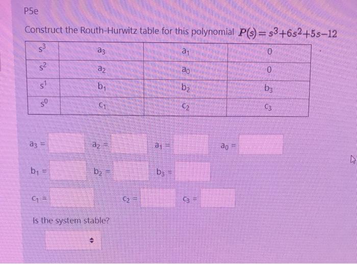 Solved P5e Construct the Routh-Hurwitz table for this | Chegg.com