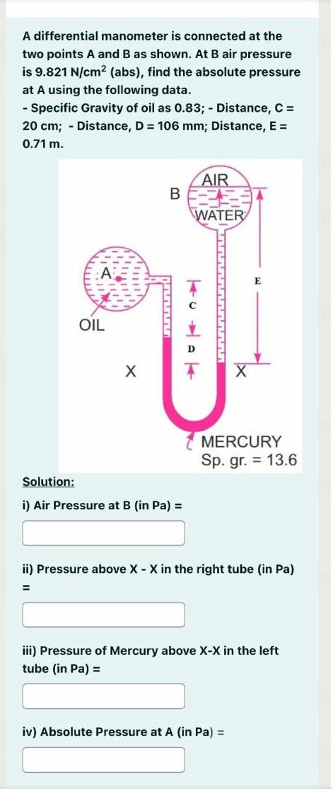 Solved A differential manometer is connected at the two | Chegg.com