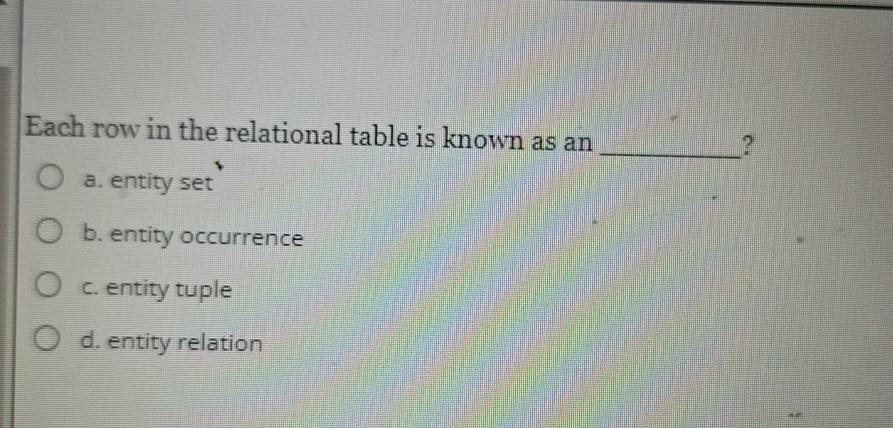Solved Each row in the relational table is known as an ?a. | Chegg.com