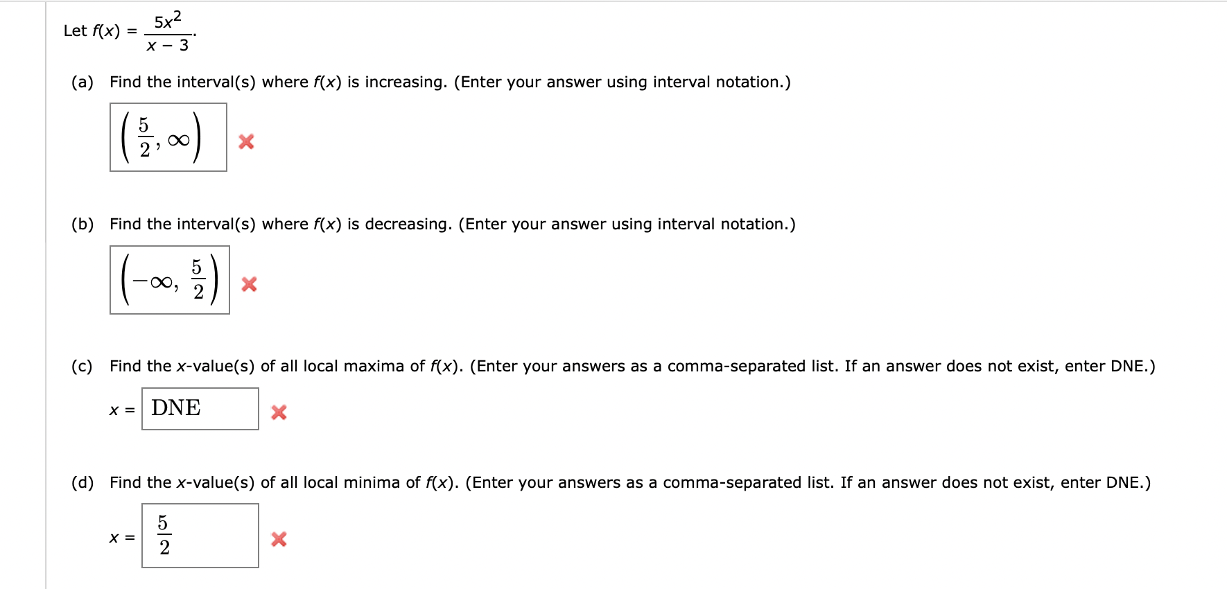 Solved Let f(x)=5x2x-3(a) ﻿Find the interval(s) ﻿where f(x) | Chegg.com