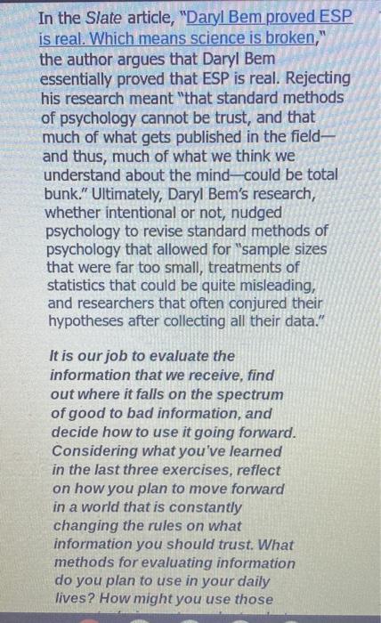 Solved In the Slate article, "Daryl Bem proved ESP is real. | Chegg.com