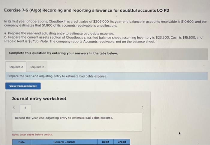Solved Exercise 7-6 (Algo) Recording and reporting allowance | Chegg.com