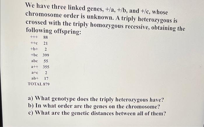 Solved We have three linked genes, +/a,+/b, and +/c, whose | Chegg.com