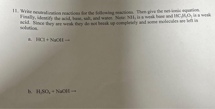 Solved 11. Write neutralization reactions for the following | Chegg.com