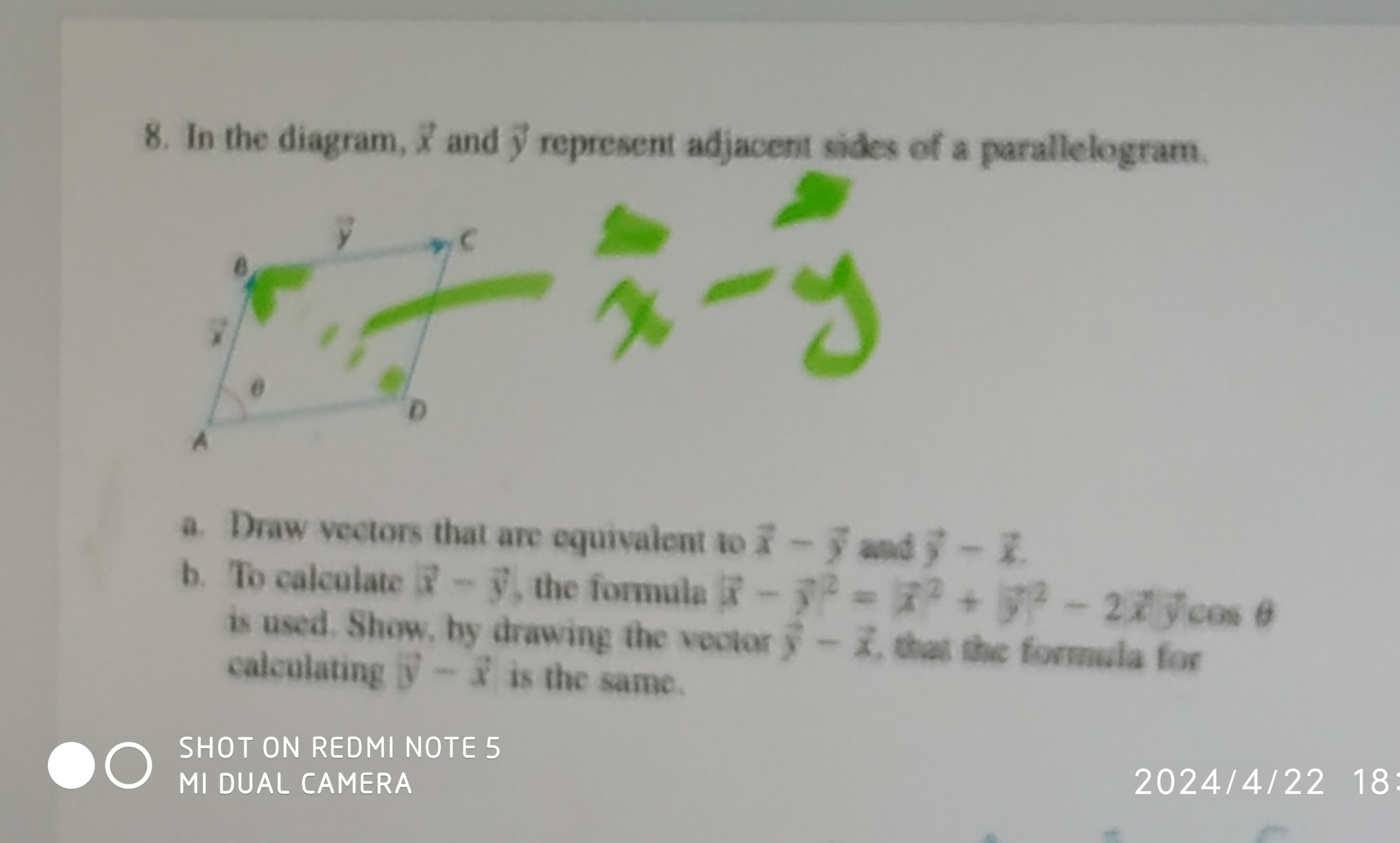 Solved In the diagram, vec(x) ﻿and vec(y) ﻿represent | Chegg.com