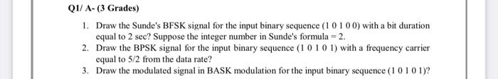 Solved Q1/ A-(3 Grades) 1. Draw the Sunde's BFSK signal for | Chegg.com