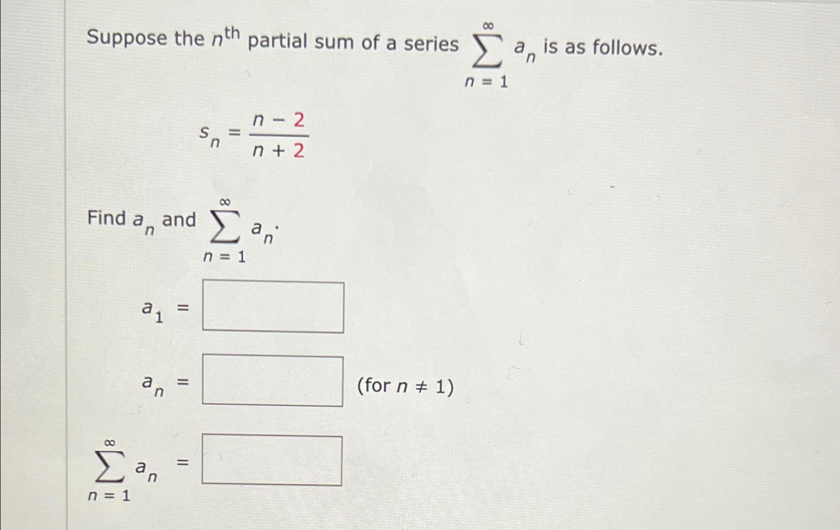 Solved Suppose the nth ﻿partial sum of a series ∑n=1∞an ﻿is | Chegg.com