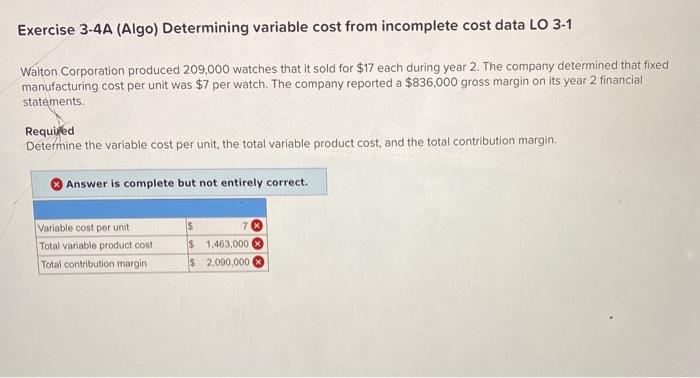 Solved Exercise 3-4A (Algo) Determining variable cost from | Chegg.com