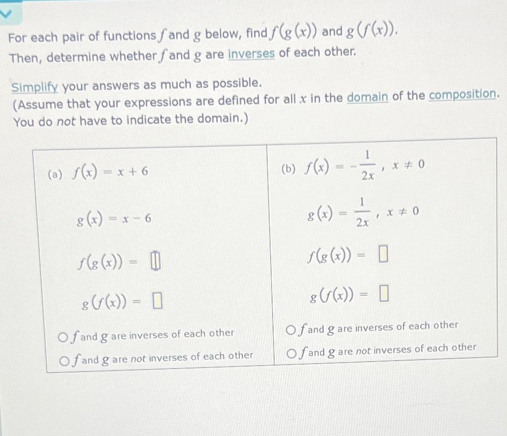 Solved For each pair of functions f ﻿and g ﻿below, find | Chegg.com