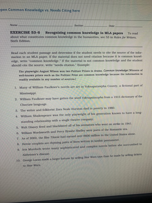 pen Common knowledge vs. Needs Citing here Name | Chegg.com