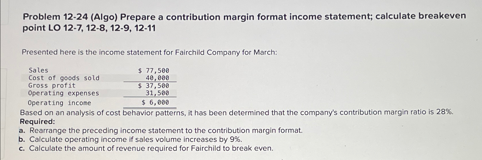 Solved Problem 12-24 (Algo) ﻿Prepare a contribution margin | Chegg.com