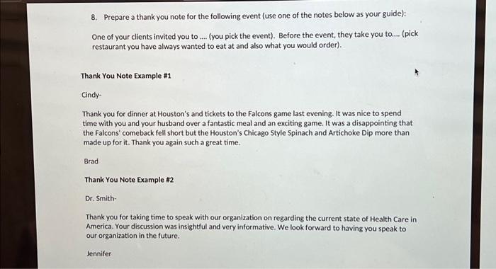 8. Prepare a thank you note for the following event | Chegg.com