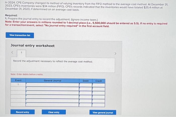 Solved In 2024, CPS Company changed its method of valuing | Chegg.com