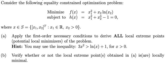 Solved Consider The Following Equality Constrained