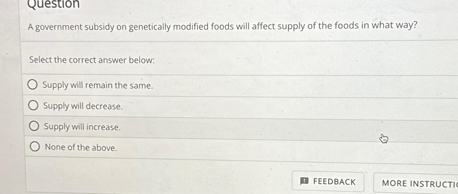 Solved QuestionA government subsidy on genetically modified | Chegg.com