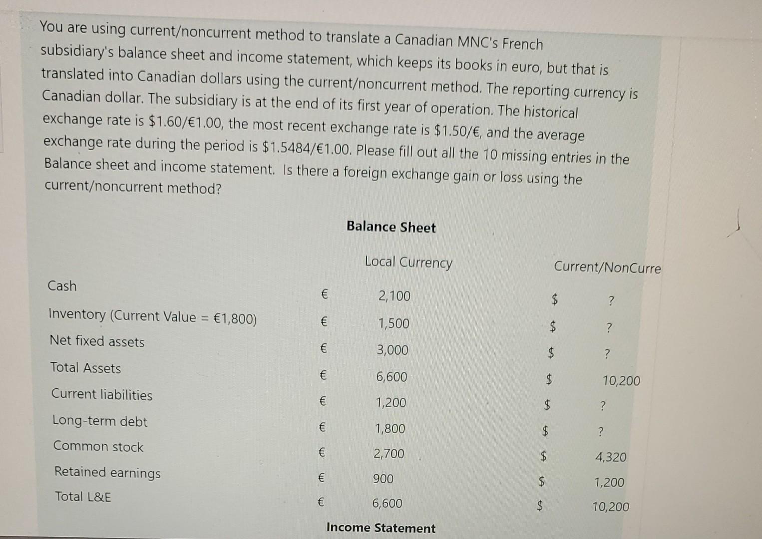 Solved You are using current/noncurrent method to translate | Chegg.com