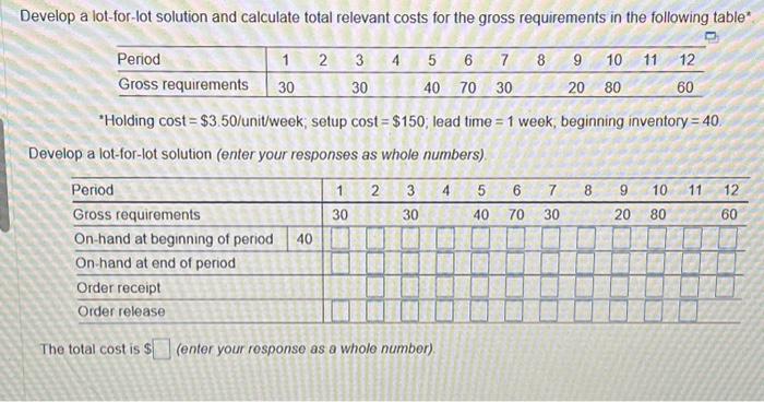 Solved Develop a lot-for-lot solution and calculate total | Chegg.com