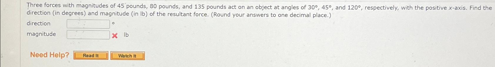 Solved Three forces with magnitudes of 45 ﻿pounds, 80 | Chegg.com