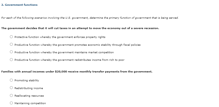 Solved 2. ﻿Government functionsFor each of the following | Chegg.com