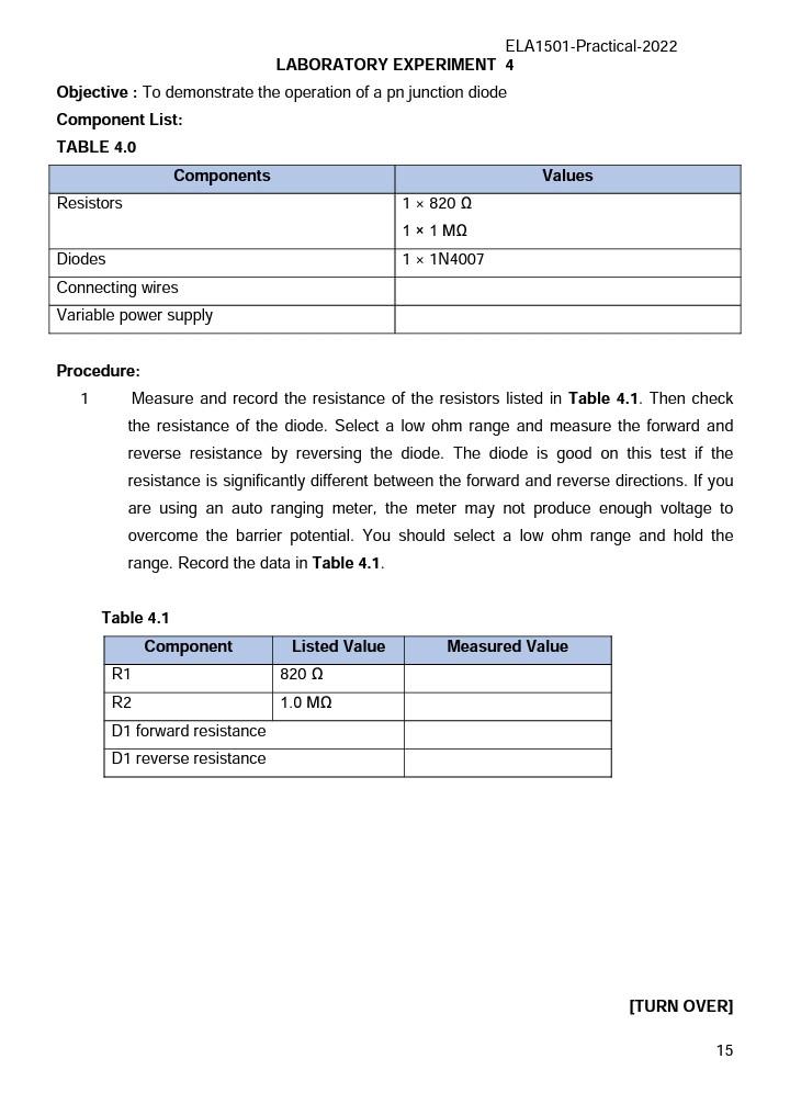 Solved ELA1501-Practical-2022 LABORATORY EXPERIMENT 4 | Chegg.com