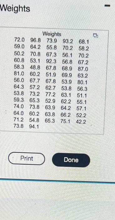 Solved Weights of 67 college students in kilograms in | Chegg.com