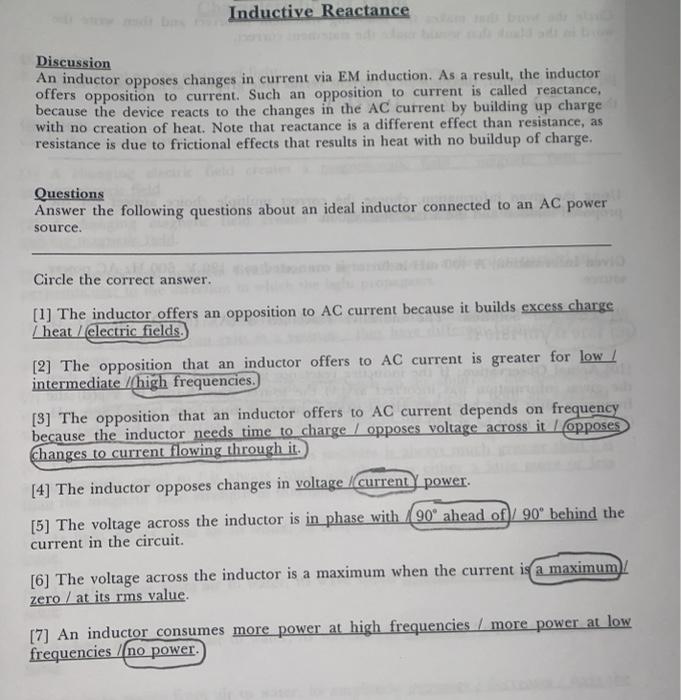 Solved Inductive Reactance Discussion An inductor opposes | Chegg.com