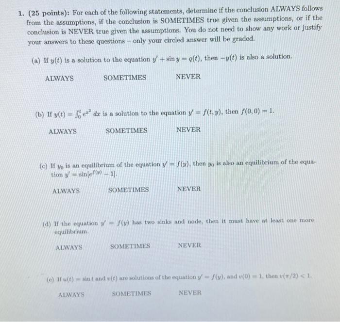 Solved 1. (25 points): For each of the following statements, | Chegg.com