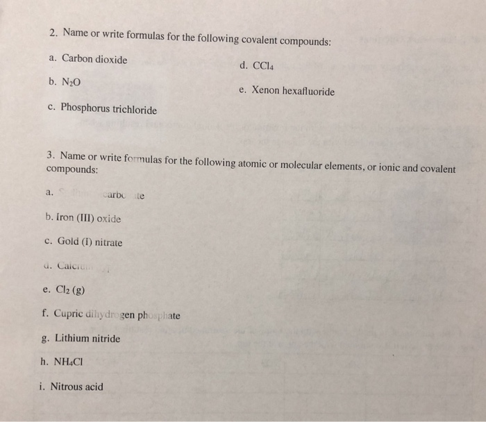 Solved 2. Name or write formulas for the following covalent | Chegg.com