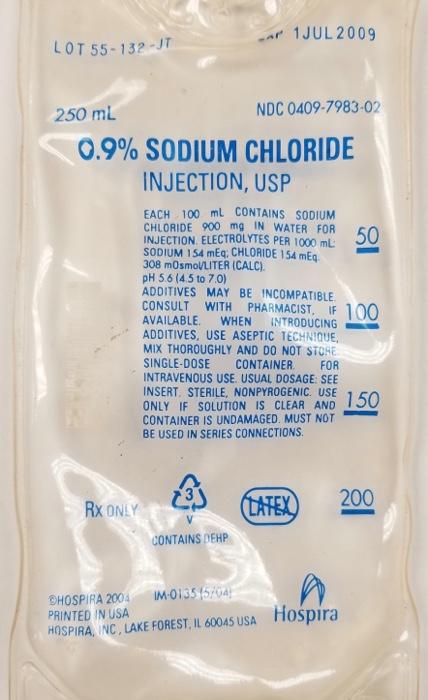 Solved 250 mL NDC 0409-7983.02 0.9\% SODIUM CHLORIDE | Chegg.com