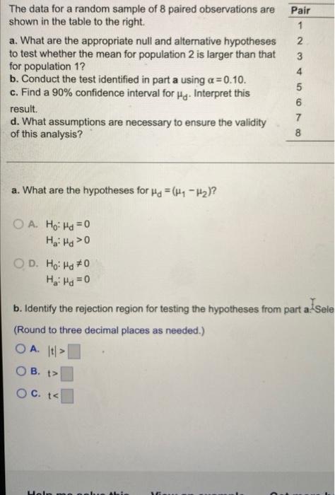 Solved The data for a random sample of 8 paired observations | Chegg.com