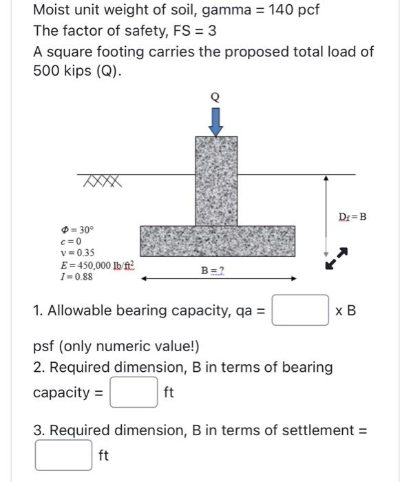 Solved Moist unit weight of soil, gamma =140 pcf The factor | Chegg.com