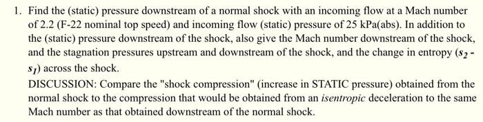 Solved 1. Find the (static) pressure downstream of a normal | Chegg.com