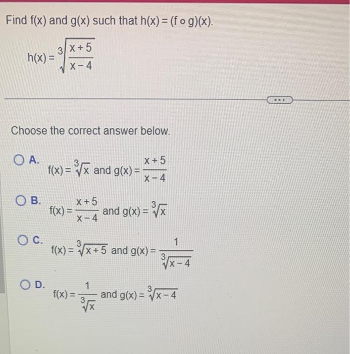 Solved Find f(x) and g(x) such that h(x)=(f∘g)(x). | Chegg.com