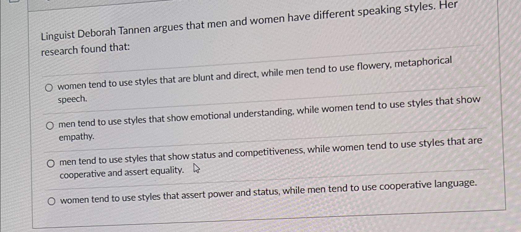 Solved Linguist Deborah Tannen argues that men and women | Chegg.com