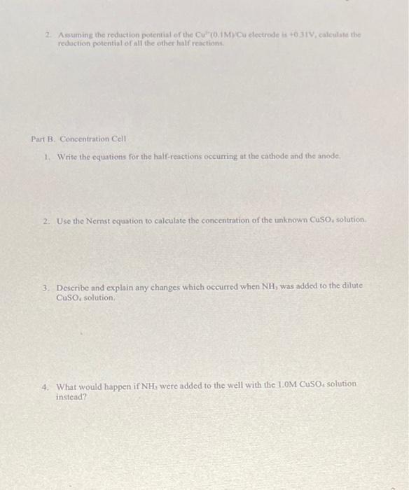 Solved 2. A souming the reduction potenial of the Cu? (0,1M) | Chegg.com