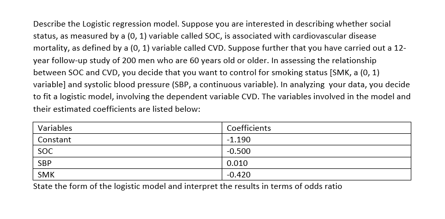 Solved Describe the Logistic regression model. Suppose you | Chegg.com