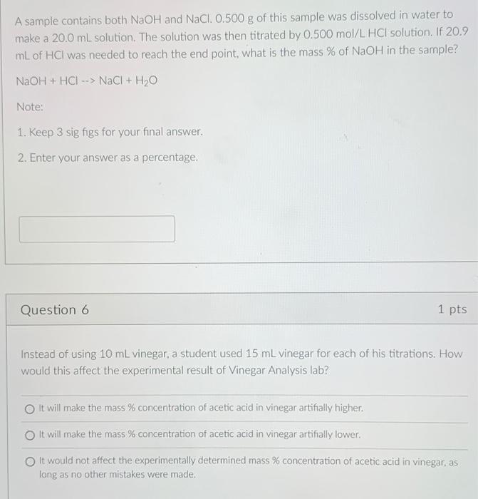 Solved A sample contains both NaOH and Naci. 0.500 g of this | Chegg.com