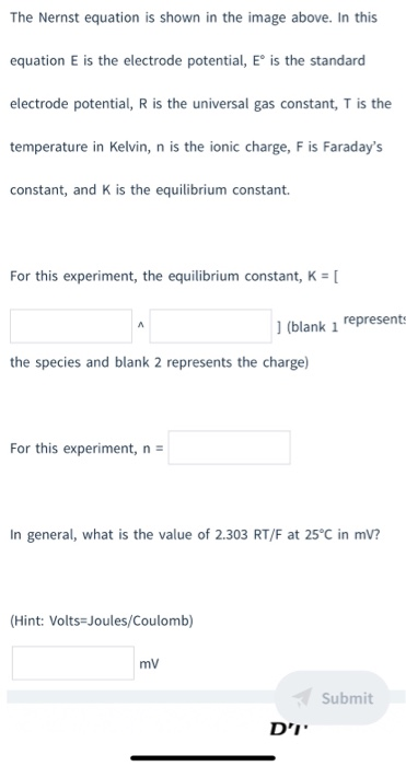 Solved The Nernst equation is shown in the image above. In | Chegg.com